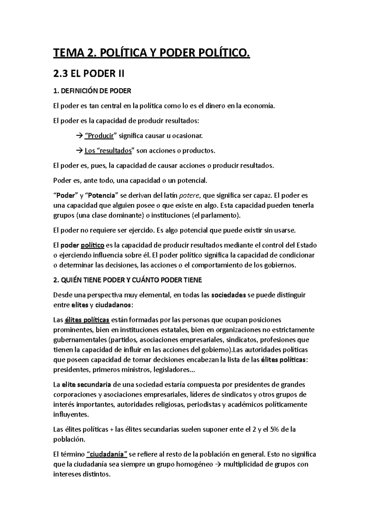 TEMA 2 - apuntes - TEMA 2. POLÍTICA Y PODER POLÍTICO. 2 EL PODER II 1 ...