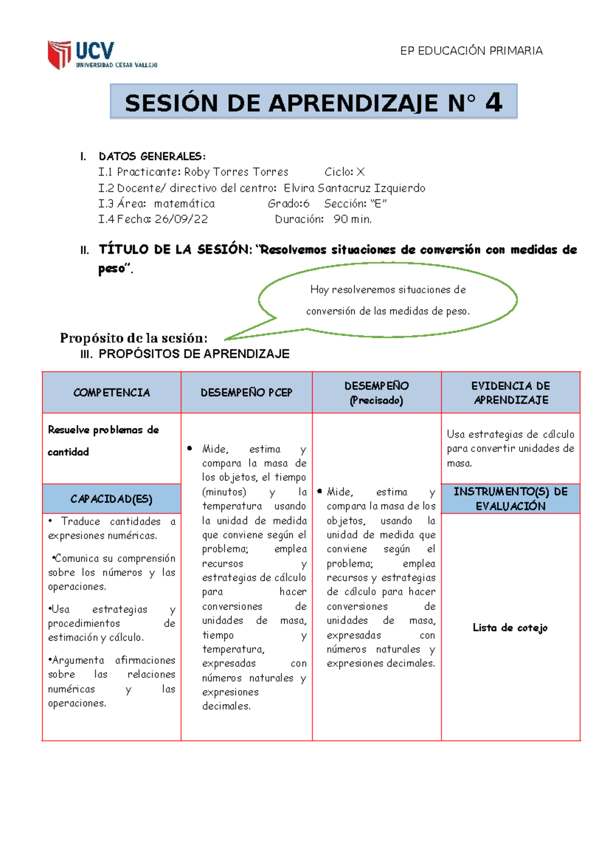 Sesión 4 Matemática - I. DATOS GENERALES: I Practicante: Roby Torres ...
