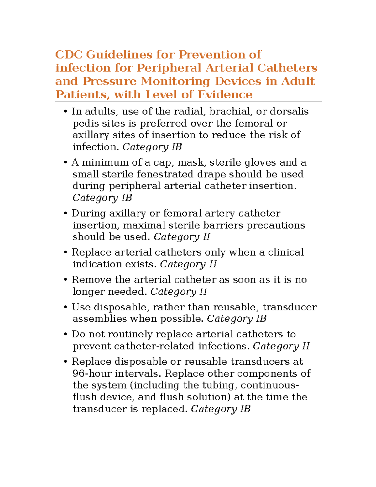 CDC Guidelines for Prevention of infection for Peripheral Arterial ...