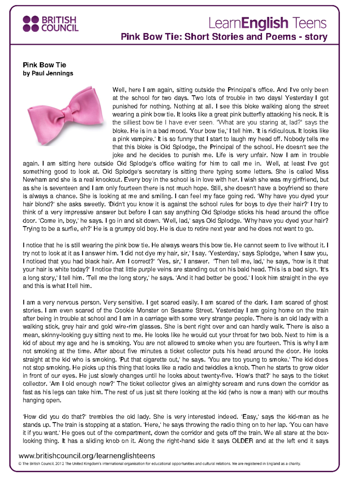 Pink bow tie-story only - Pink Bow Tie by Paul Jennings Well, here I am ...