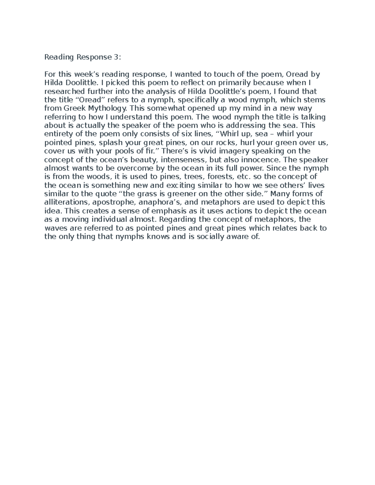 Reading Response 3 - I picked this poem to reflect on primarily because ...
