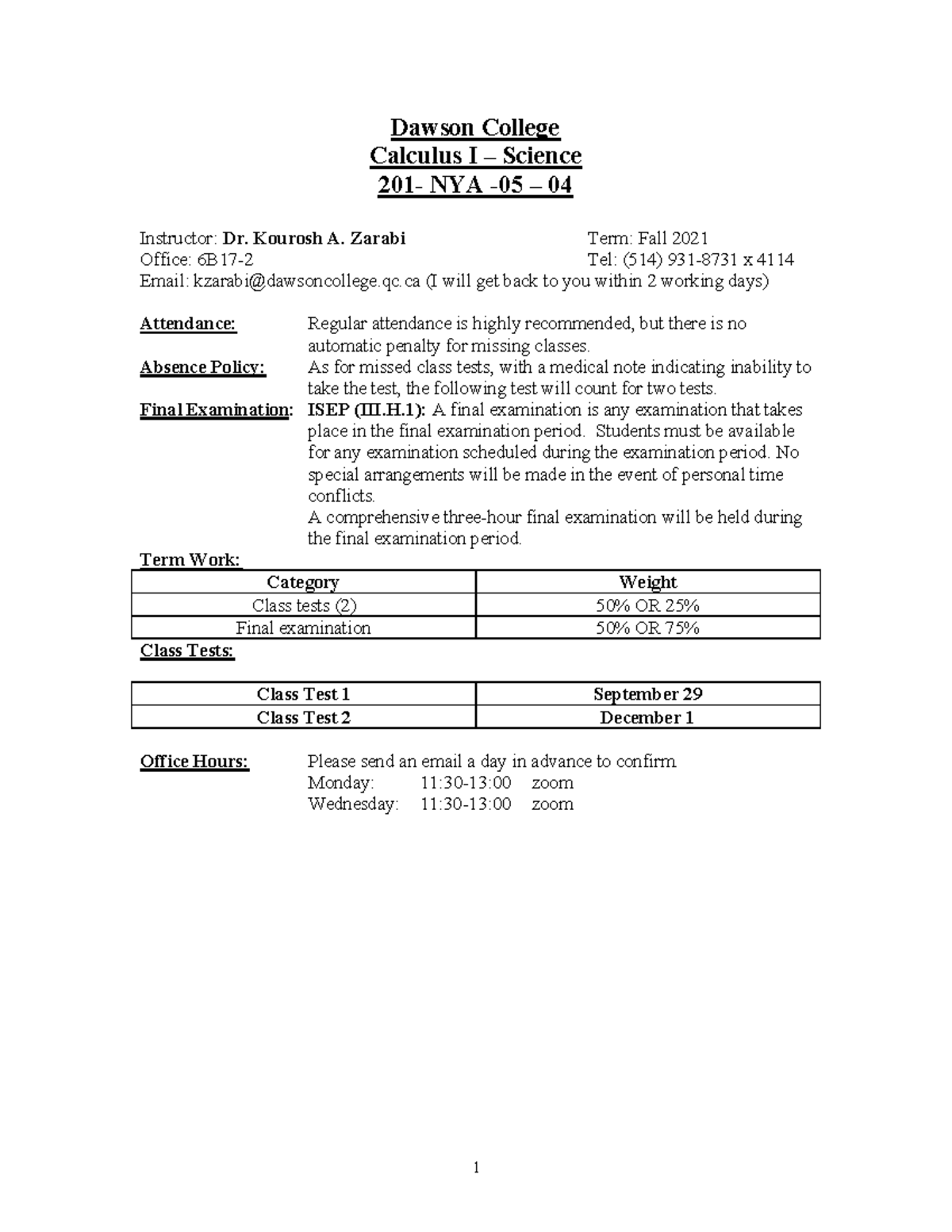Course Outline - Dawson College Calculus I – Science 201- NYA -05 – 04 ...