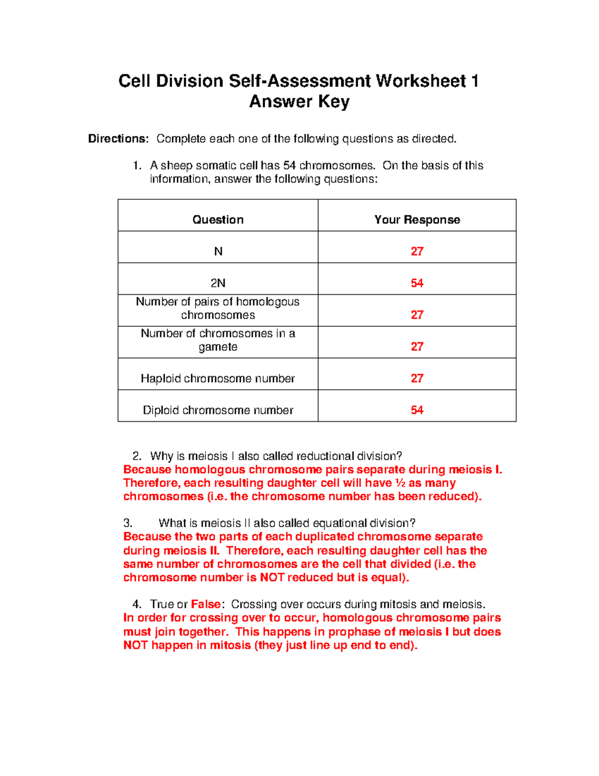 HBC13Self Assessment Worksheet 1Answer Key - Cell Division Self ...