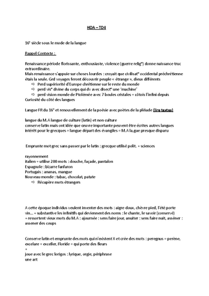 HDA - TD2 - Notes de cours 2 - Histoire des Arts – TD2 : Noion cadre ...