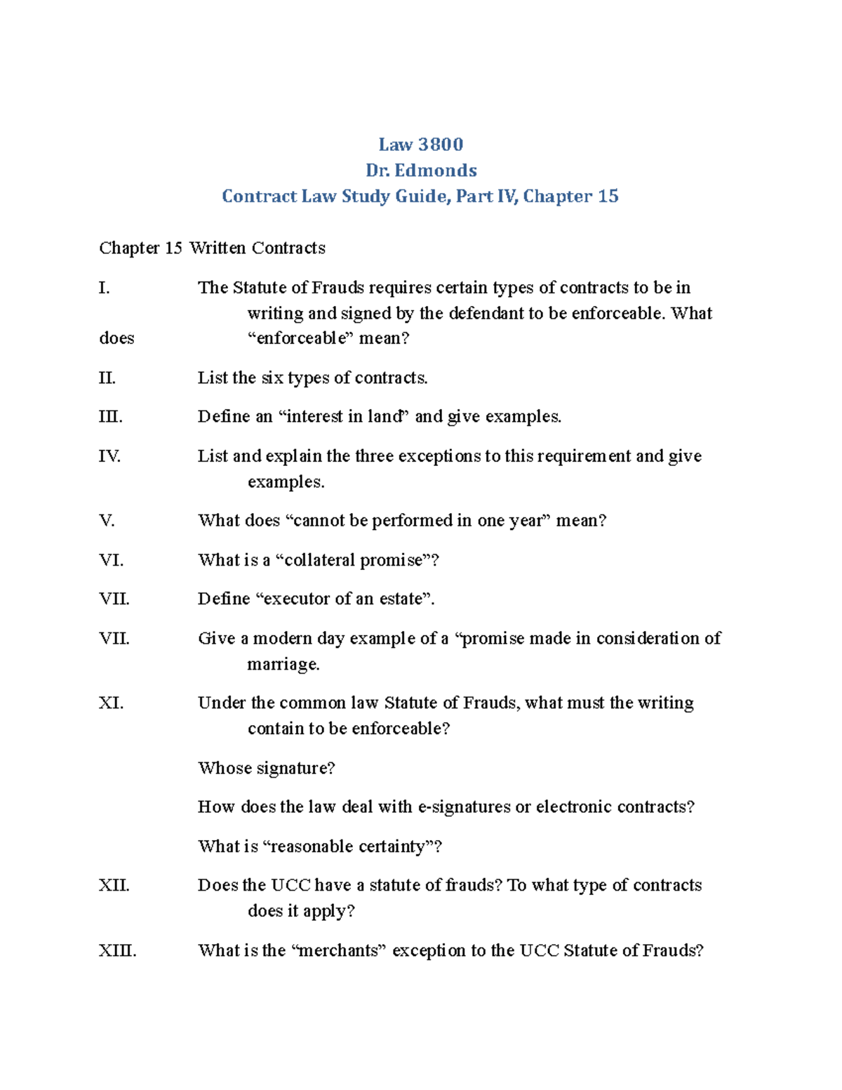 Law 3800, Contract Law Study Guide Part IV F13 - Law 3800 Dr. Edmonds ...