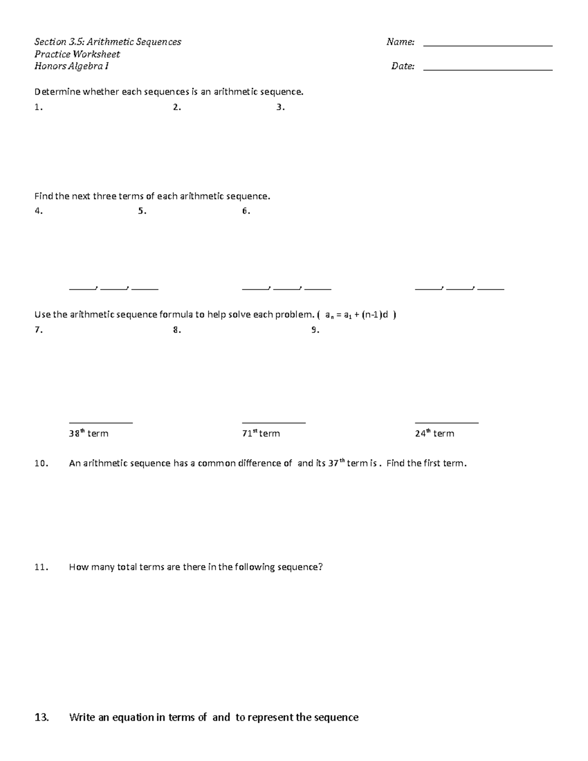 3.5 Practice Worksheet - Section 3: Arithmetic Sequences Name