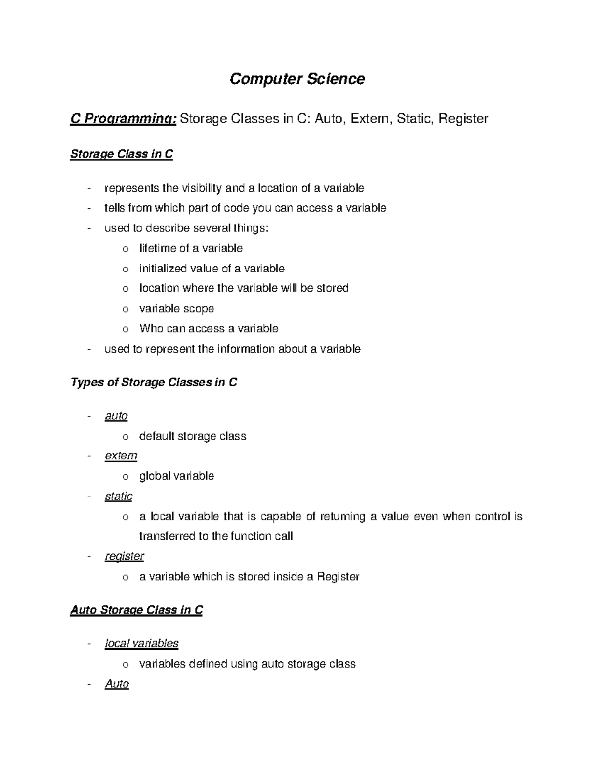 C Programming Storage Classes In C Auto Extern Static Register Computer Science C