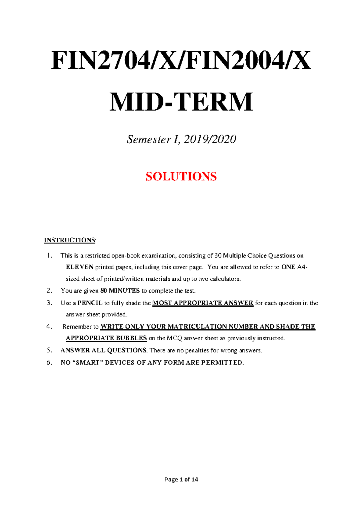 Fin Quiz Practie - FIN2704/X/FIN2004/X MID-TERM Semester I, 2019 ...