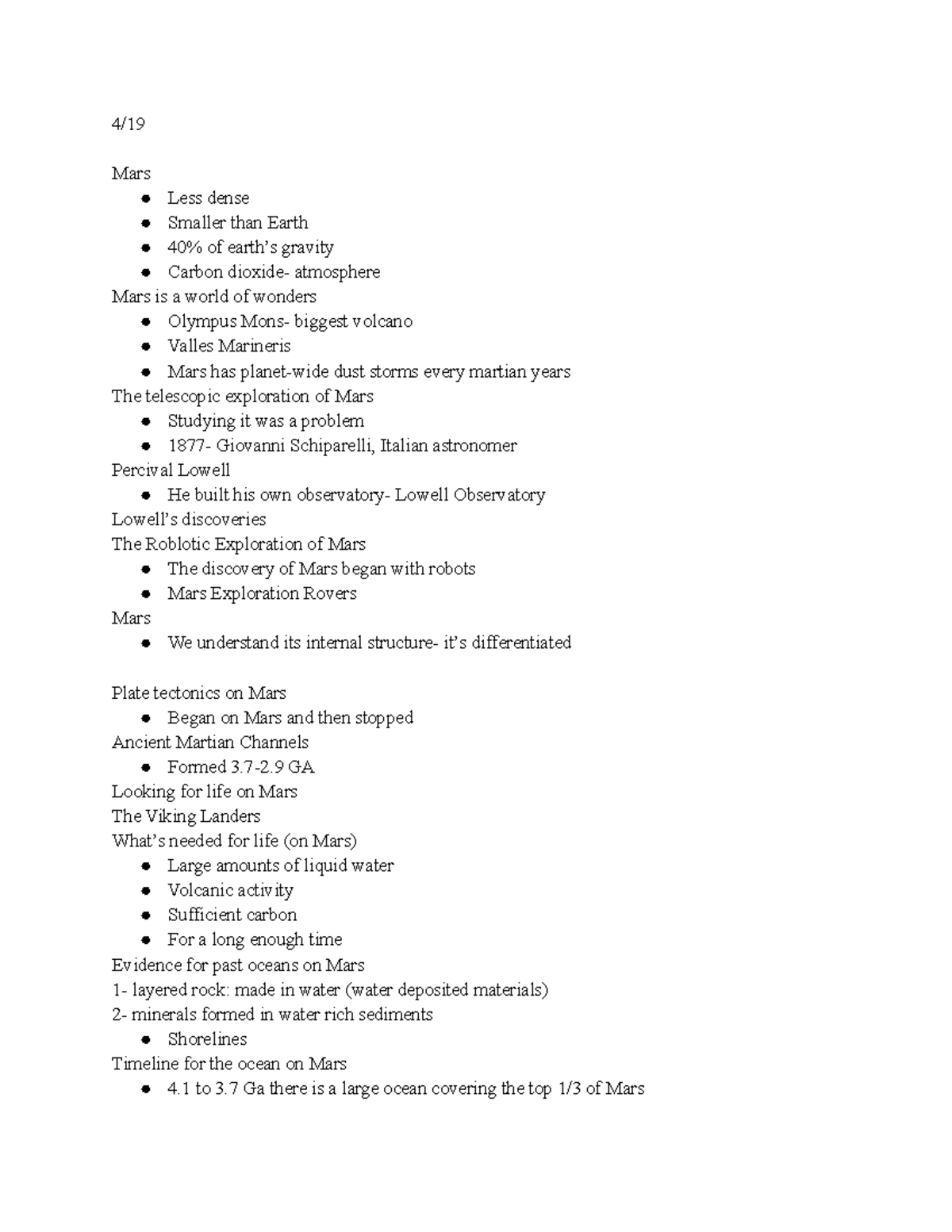 lecture notes 4/19 - 4/ Mars Less dense Smaller than Earth 40% of earth ...