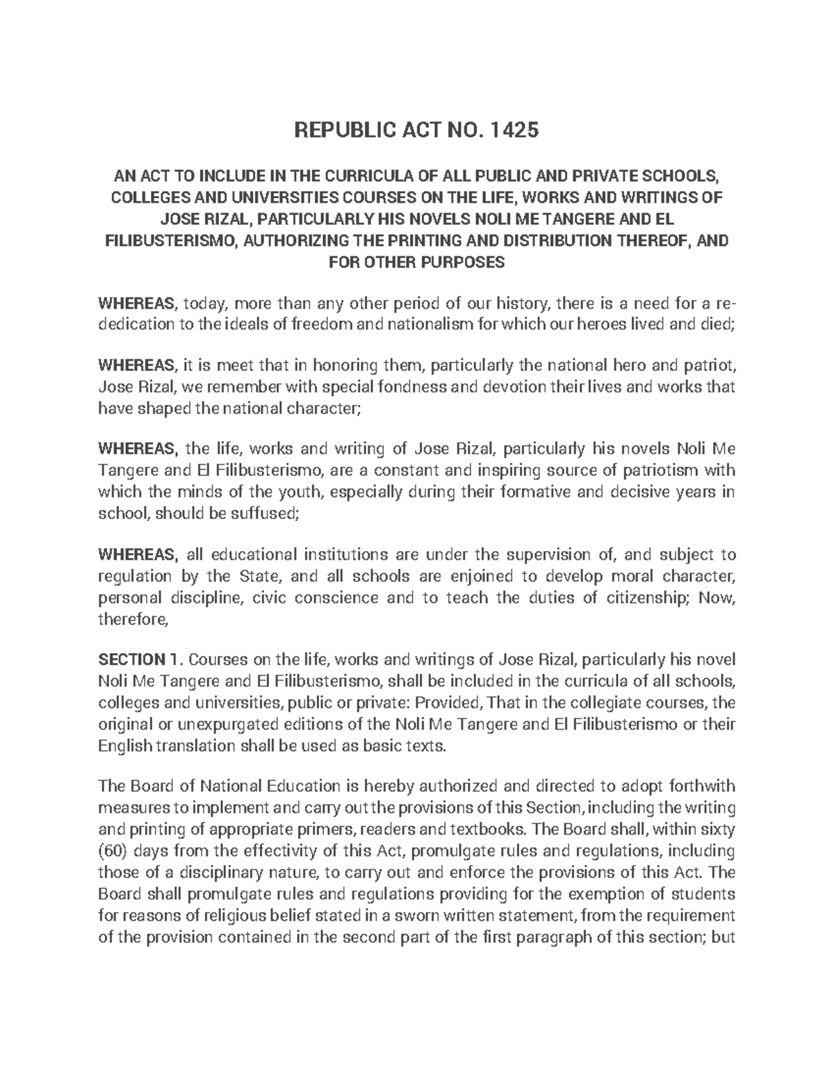 RA 1425 Rizal Law-1 - REPUBLIC ACT NO. 1425 AN ACT TO INCLUDE IN THE ...
