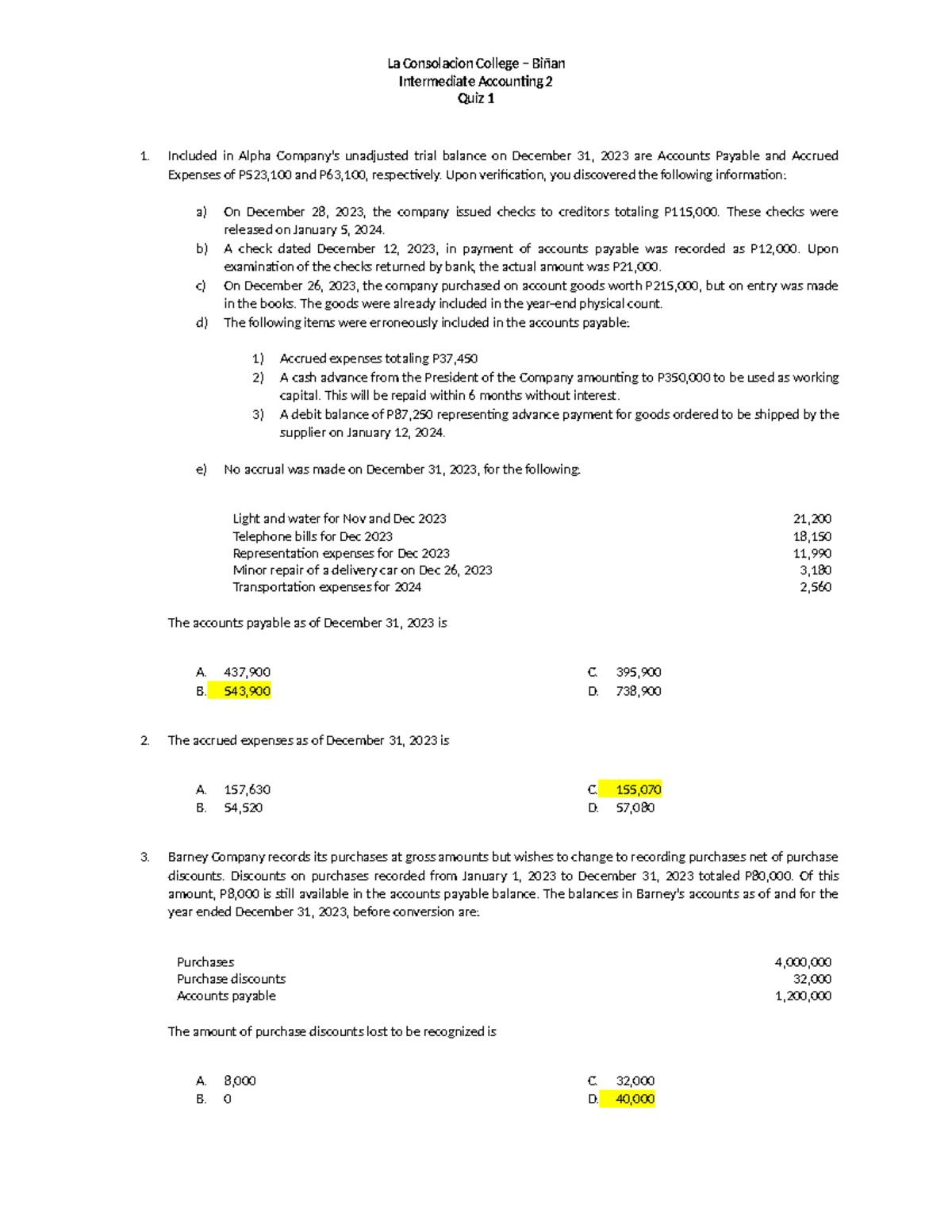 Intermediate Accounting 2 - Quiz 1 - Answer Key - La Consolacion ...
