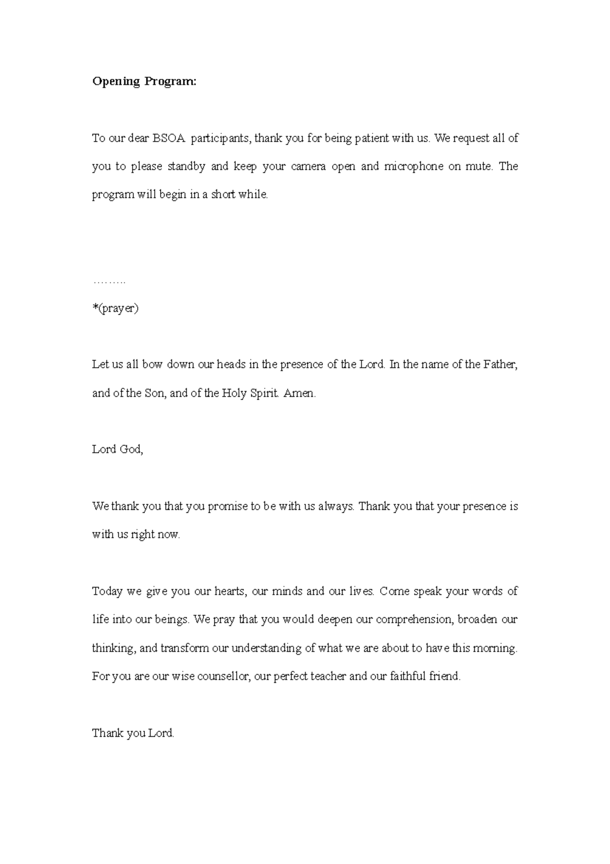 Orientation Script - gfd - Opening Program: To our dear BSOA ...