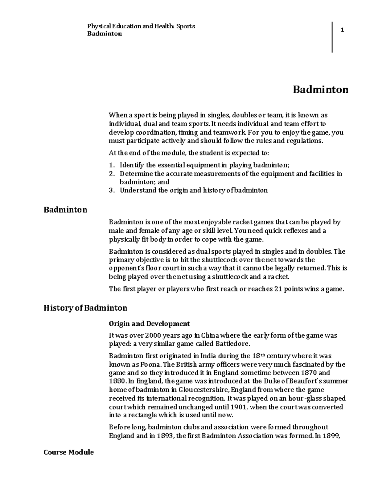 W 1-Module -Badminton - Physical Education and Health: Sports Badminton ...