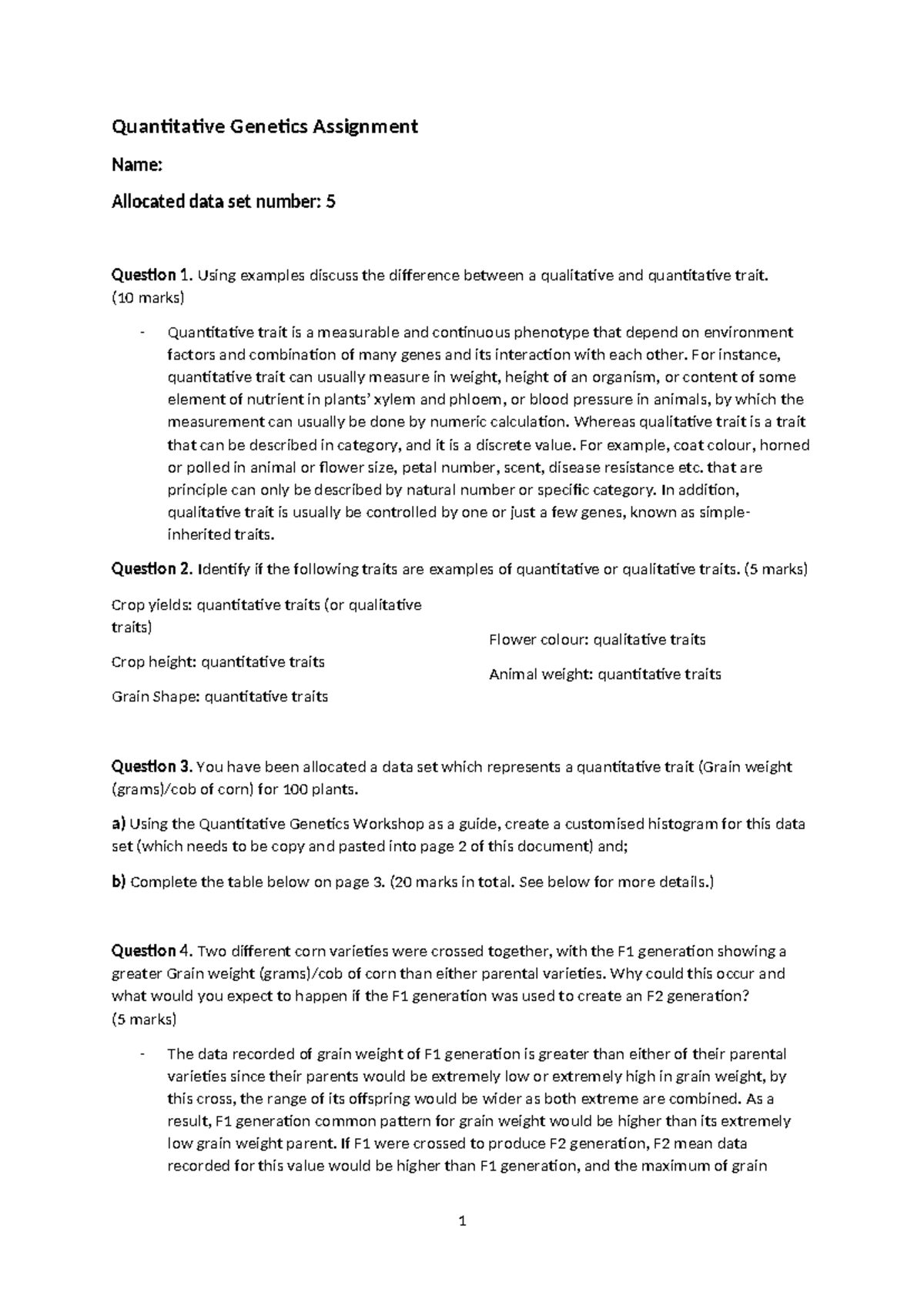 Quantitative Genetics Assignment Worksheet - 2022 - Quantitative ...