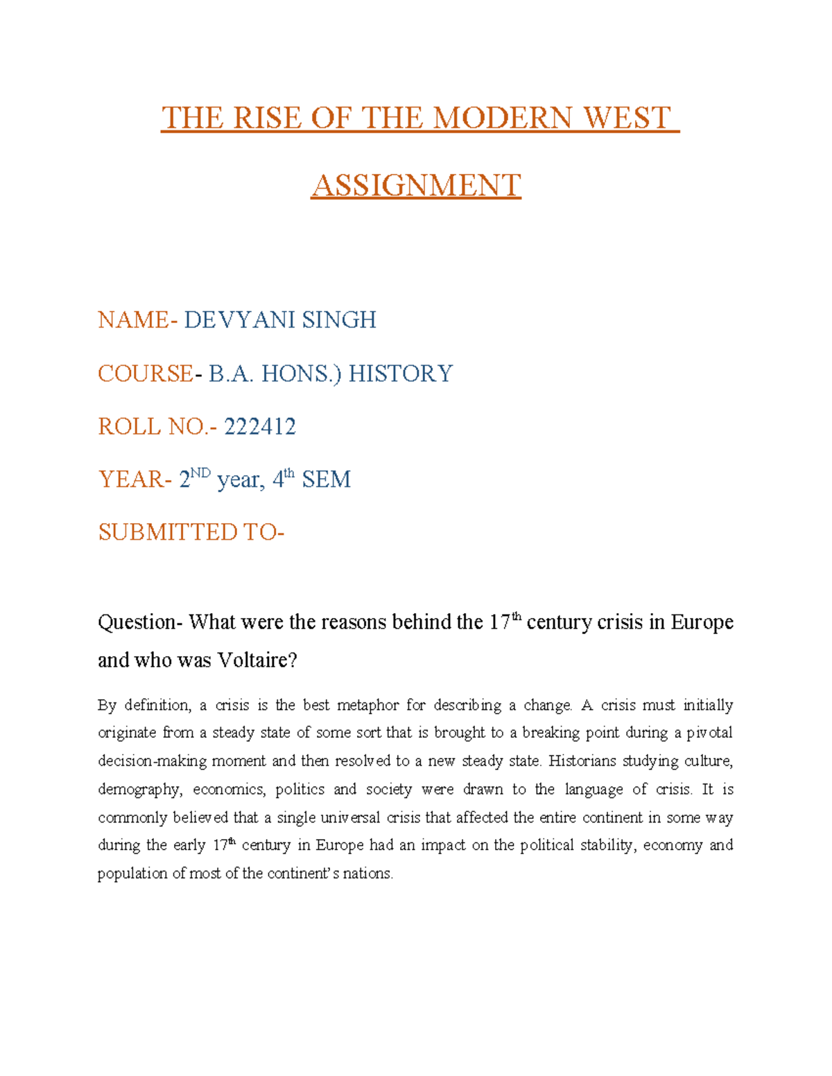 Rise of modern west -2 - THE RISE OF THE MODERN WEST ASSIGNMENT NAME ...