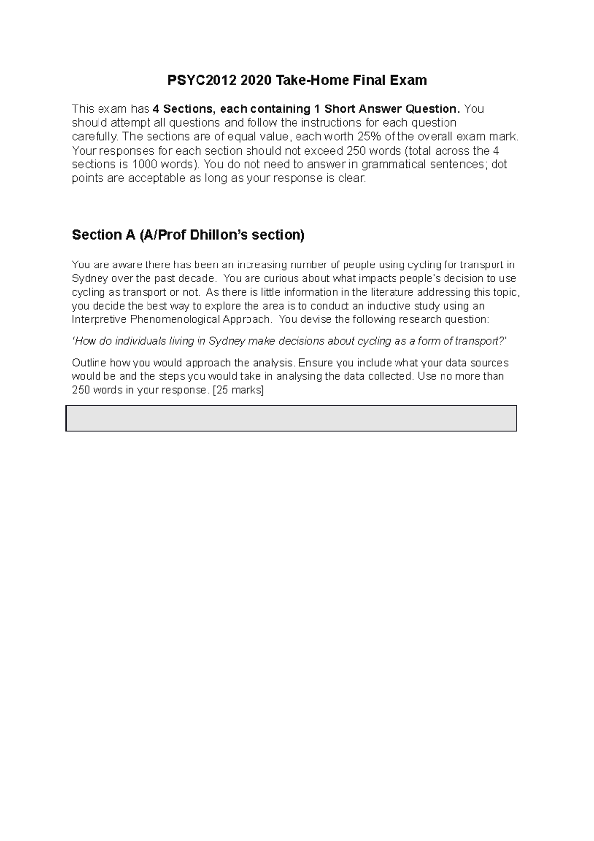 2020 Sem 1 final exam - PSYC2012 2020 Take-Home Final Exam This exam has 4 Sections, each - Studocu