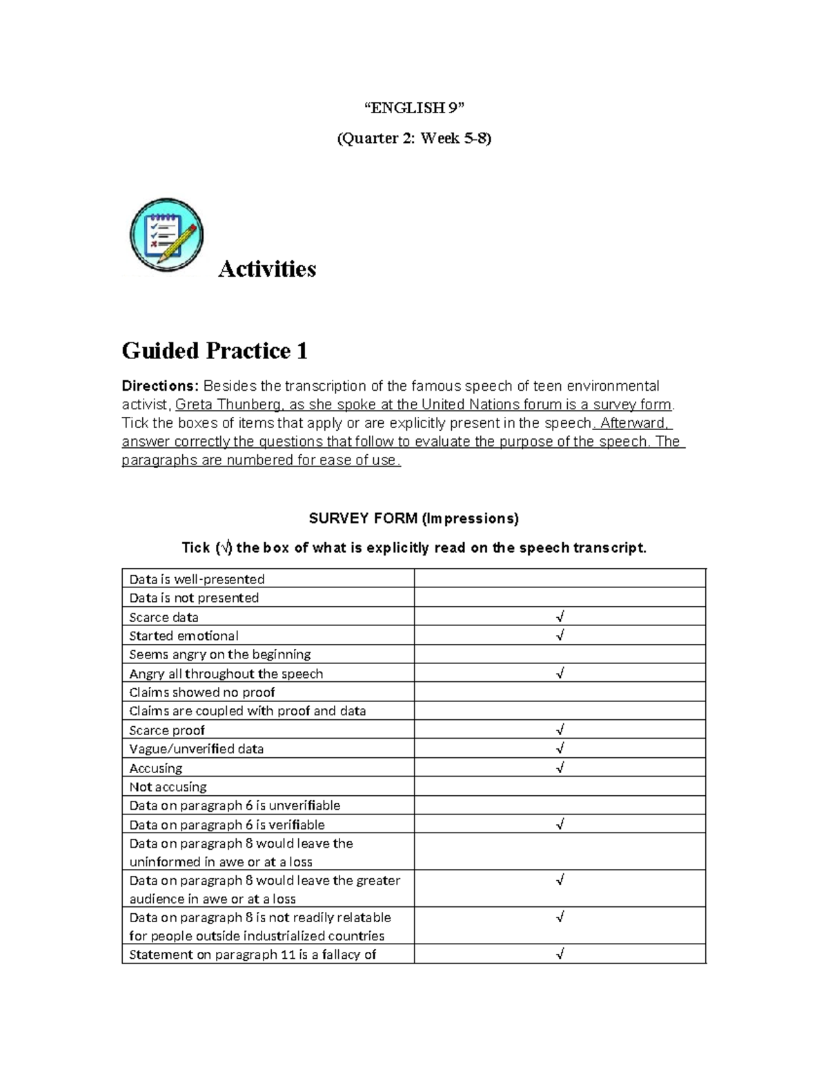English - Lesson 2 Guided Practice 1 (Quarter 2) - “ENGLISH 9” (Quarter ...