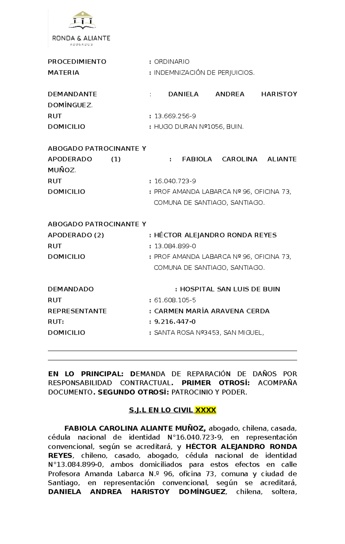 Demanda Indemnizacion Daniela Andrea Haristoy DOMÍ Nguez - PROCEDIMIENTO : ORDINARIO MATERIA ...