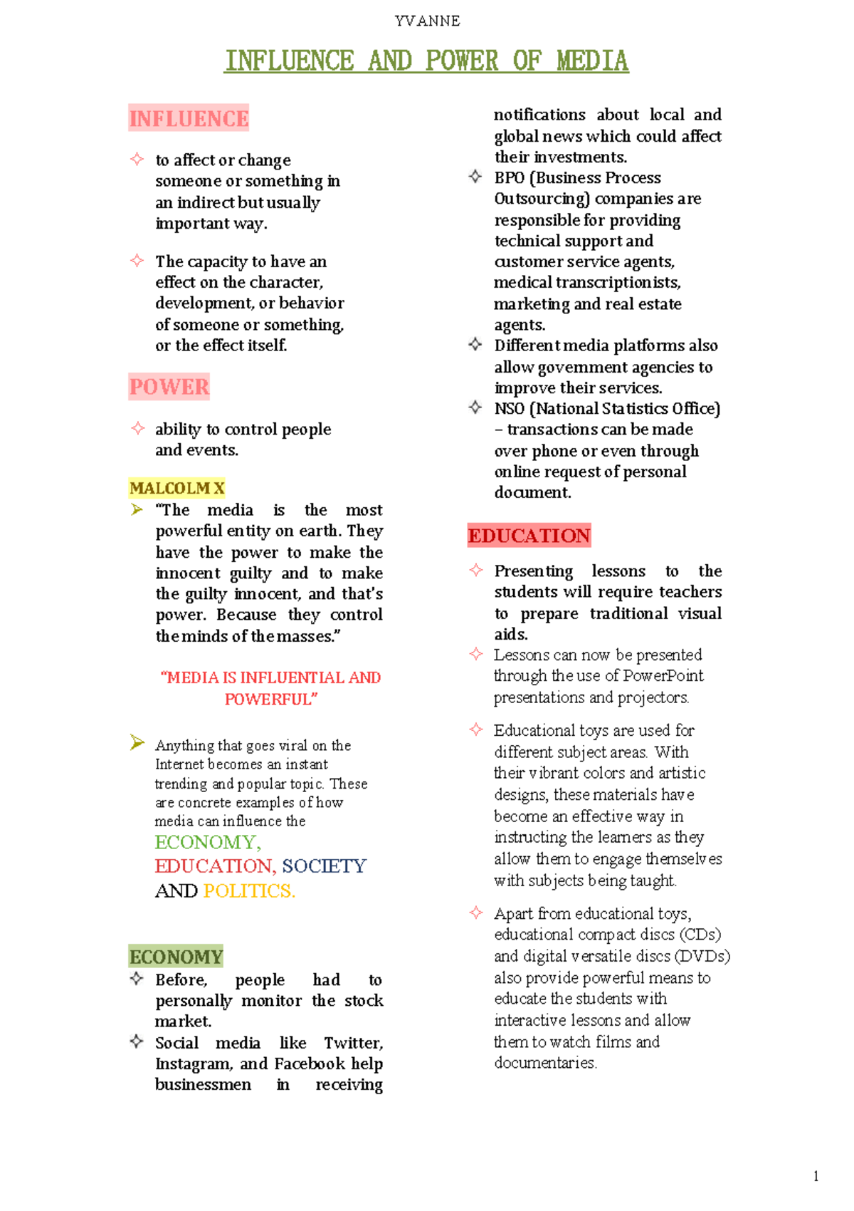 Influence and power of media - YVANNE INFLUENCE AND POWER OF MEDIA 1 ...