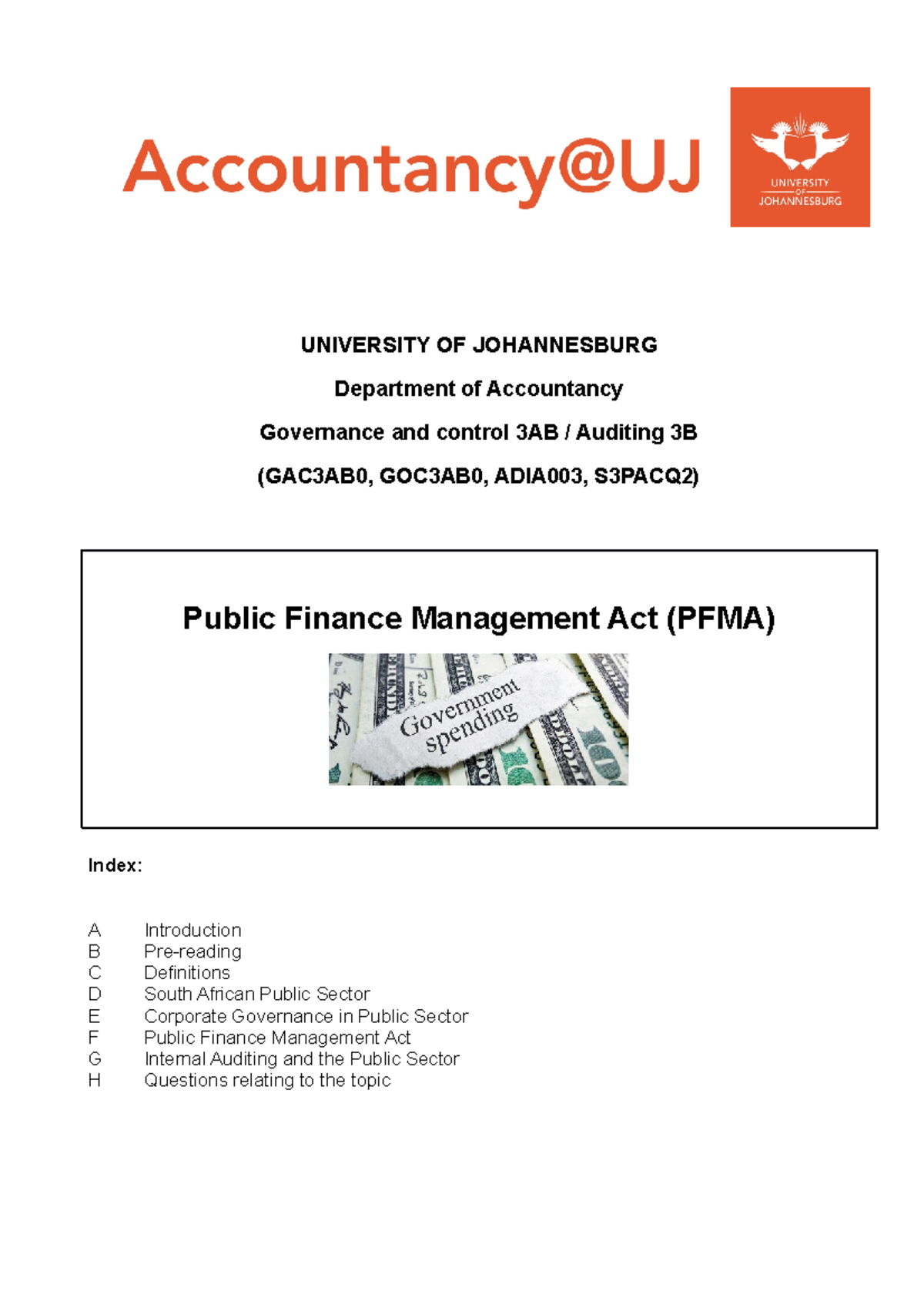 PFMA Module - PFMA - UNIVERSITY OF JOHANNESBURG Department of ...