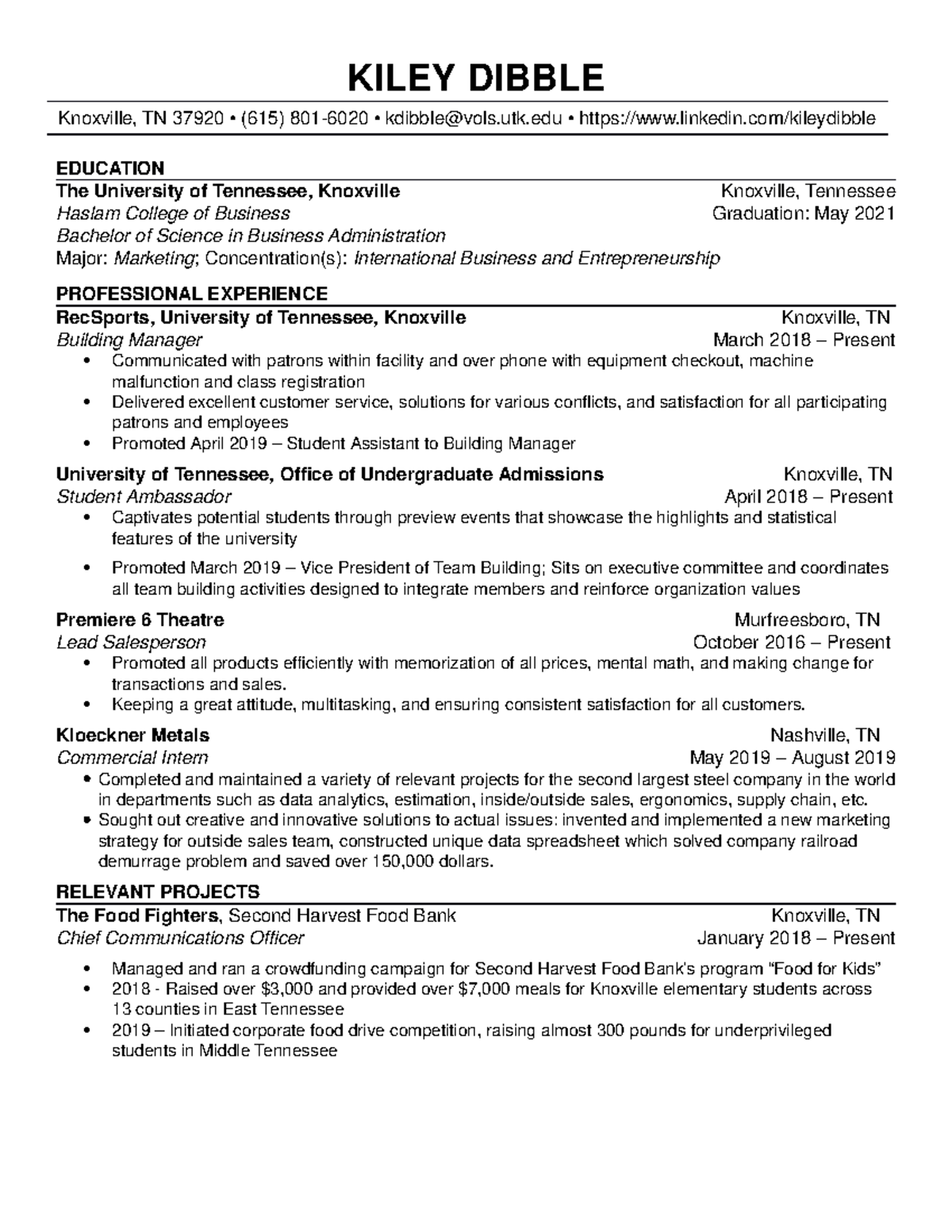 Dibble Resume - KILEY DIBBLE Knoxville, TN 37920 • (615) 801-6020 ...
