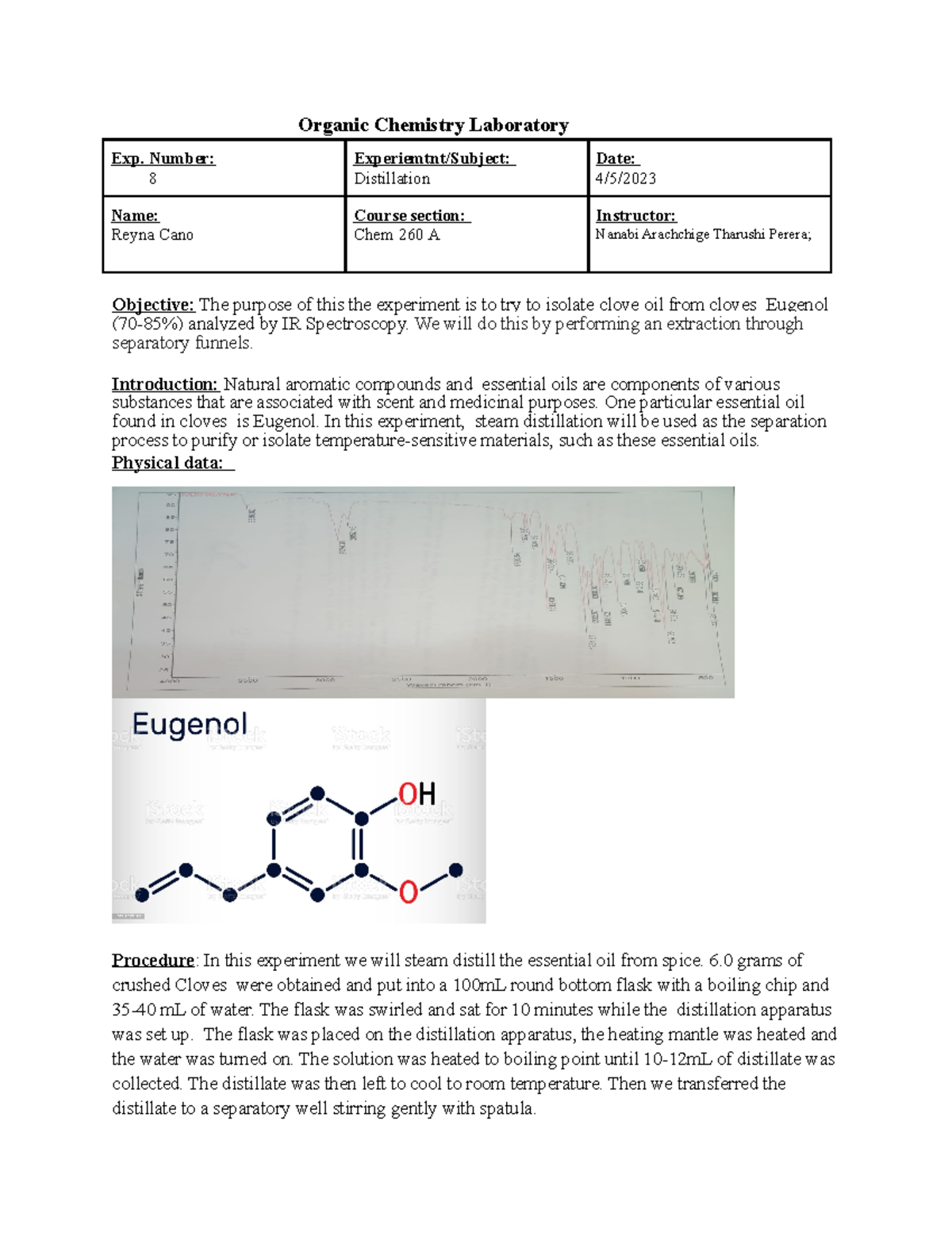 Organic Chemistry Laboratory - Number: 8 Experiemtnt/Subject ...