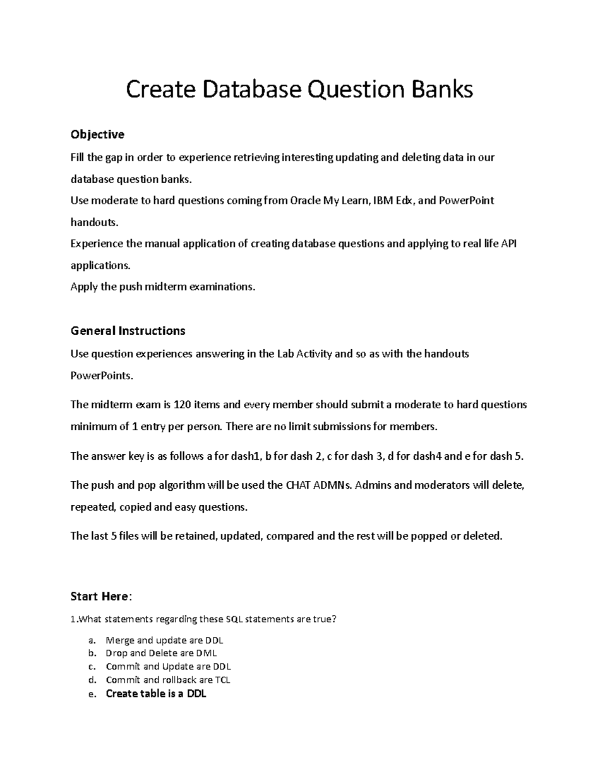 Create Database Question Banks Create Database Question Banks Objective Fill The Gap In Order