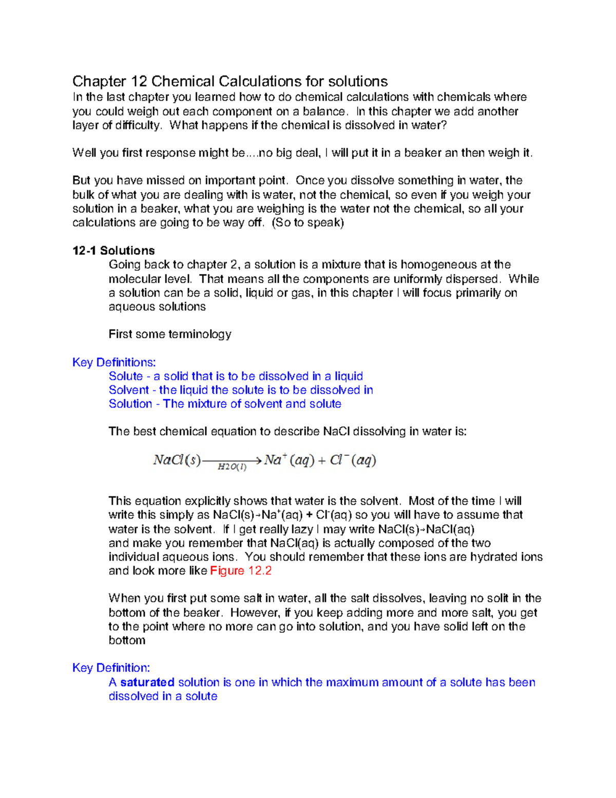 Chapter 12: Chemical Calculations for solutions - Chapter 12 Chemical ...