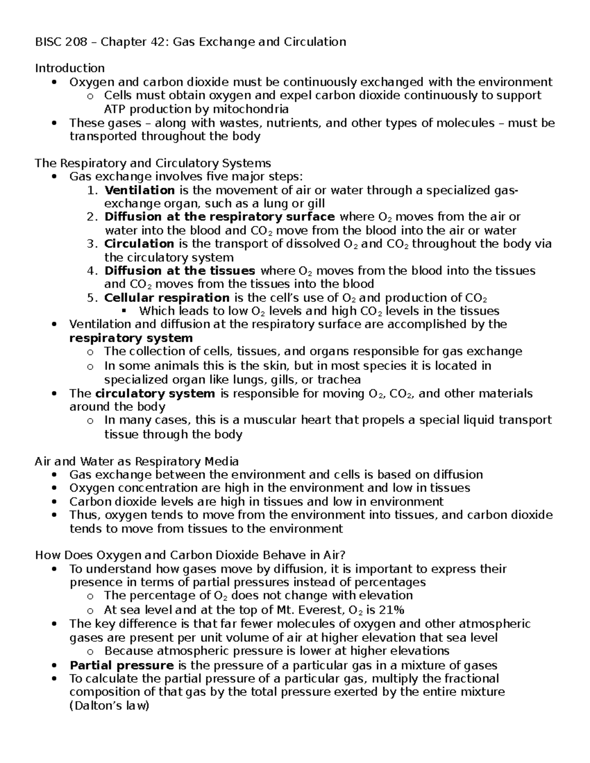 Ch. 42 Notes - Gas exchange and circulation - BISC 208 – Chapter 42 ...