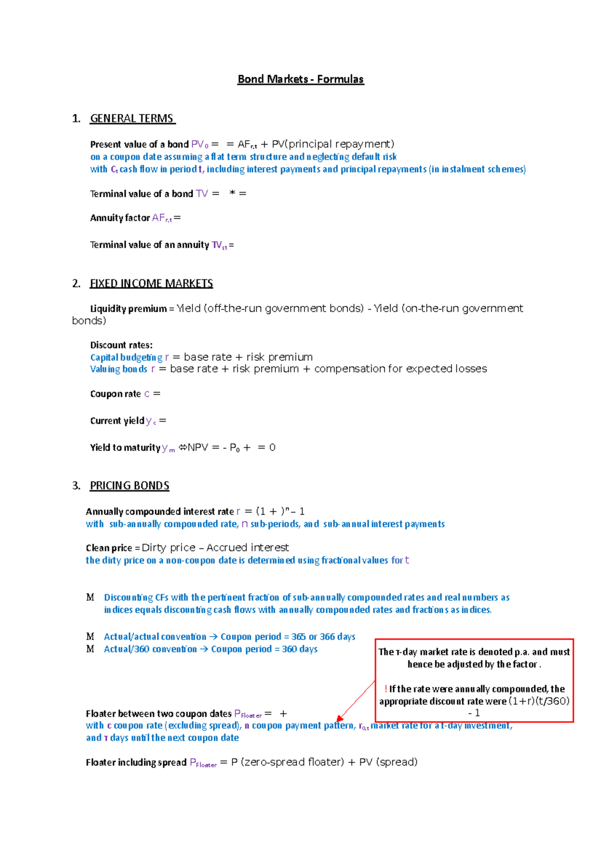 Formulas Bond Markets - FSS 2021, Übersichtliche und strukturierte ...