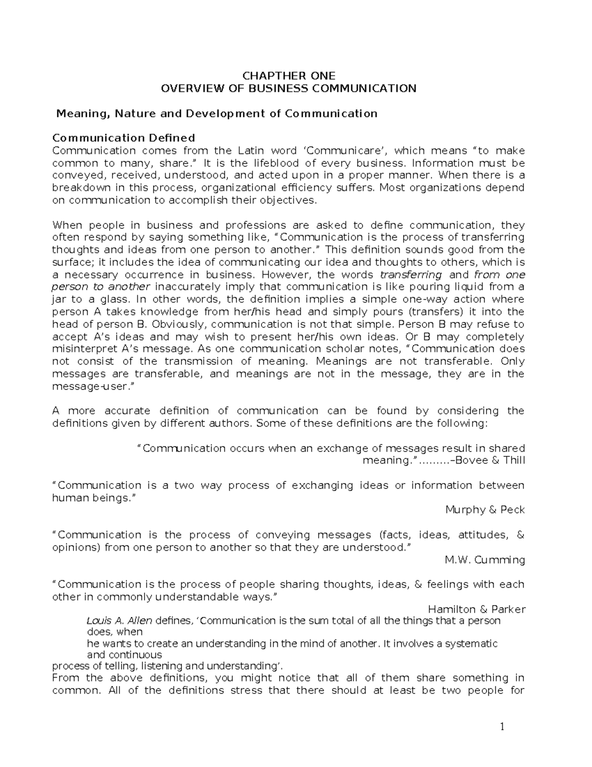 Communication handout - CHAPTHER ONE OVERVIEW OF BUSINESS COMMUNICATION ...