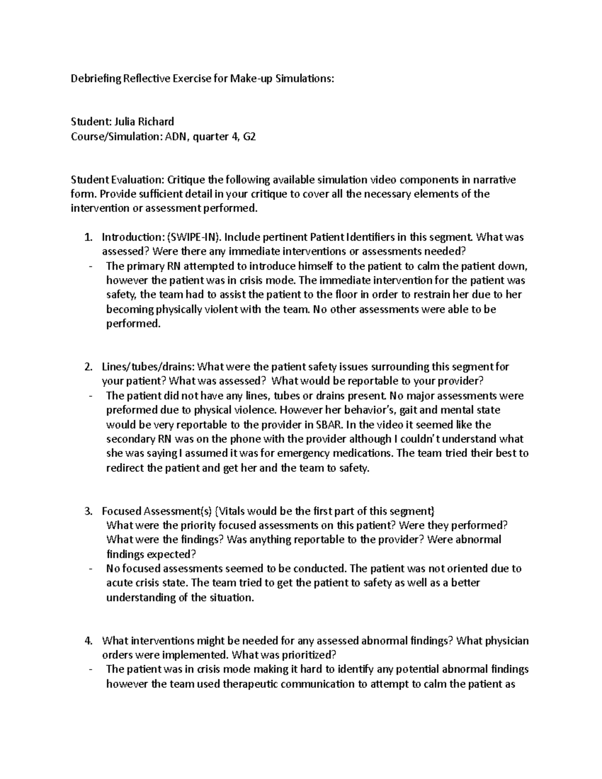 Debriefing Refective Exercise for Make up Simulations - Debriefing ...