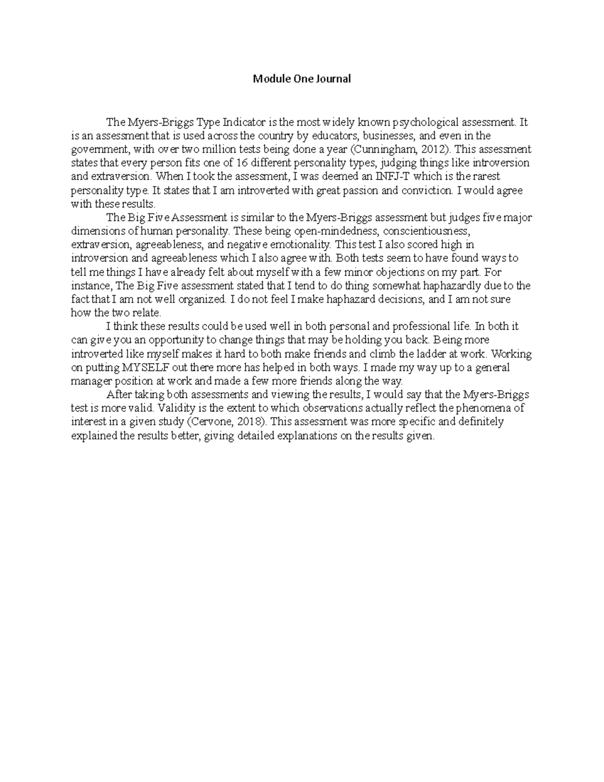 Module One Journal - Module One Journal The Myers-Briggs Type Indicator ...