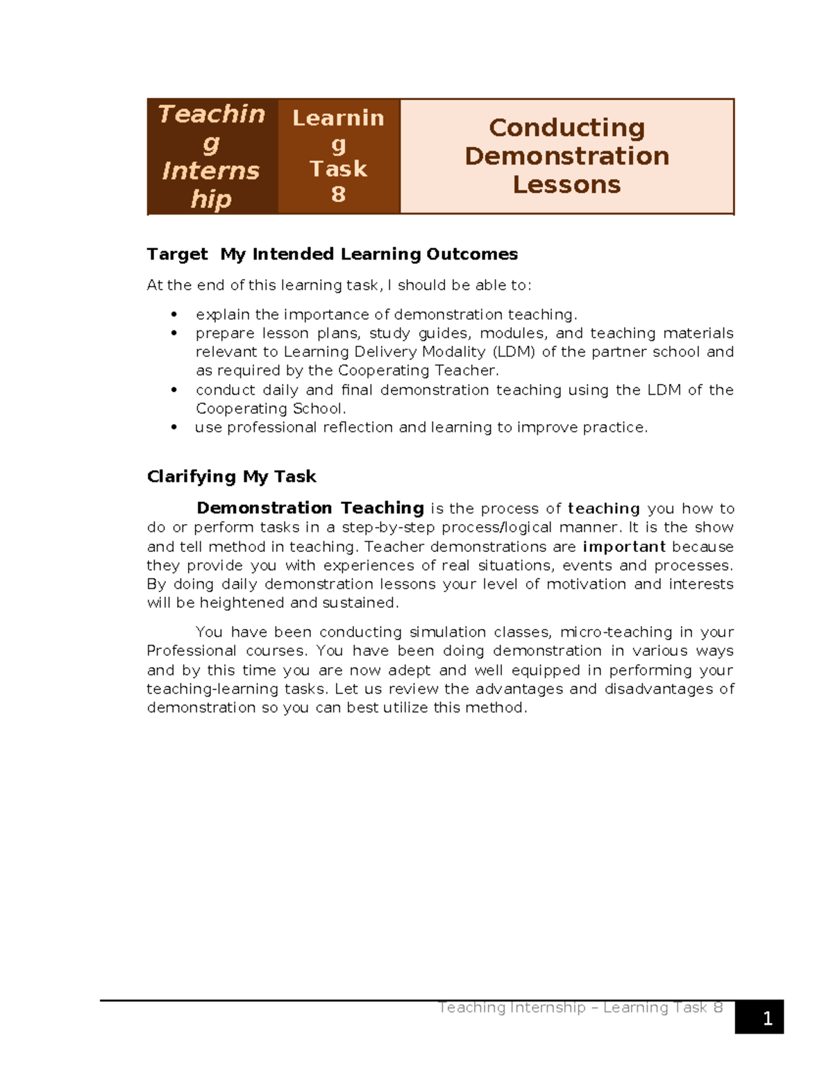 Learning Task 8 Conducting Demonstration Lessons - Teaching Internship – Learning Task 8 Teachin ...