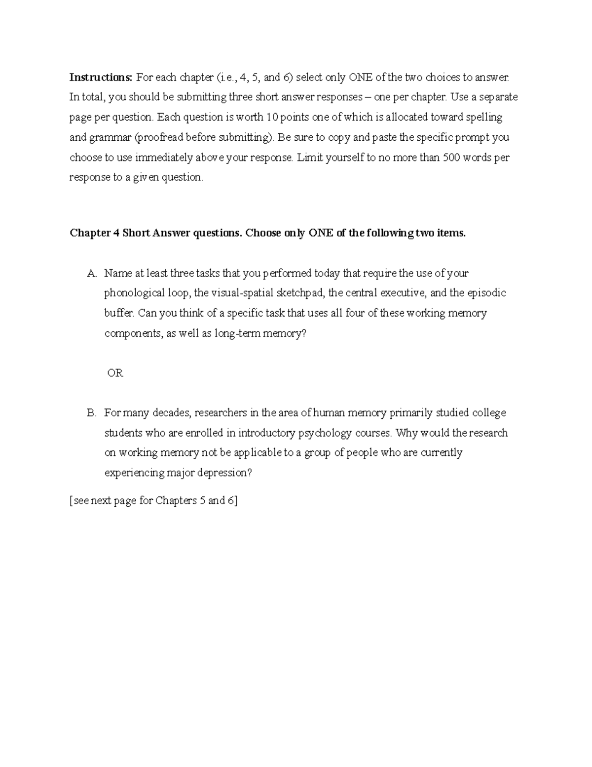 Exam 2 Short Answer Questions - Instructions: For each chapter (i., 4 ...