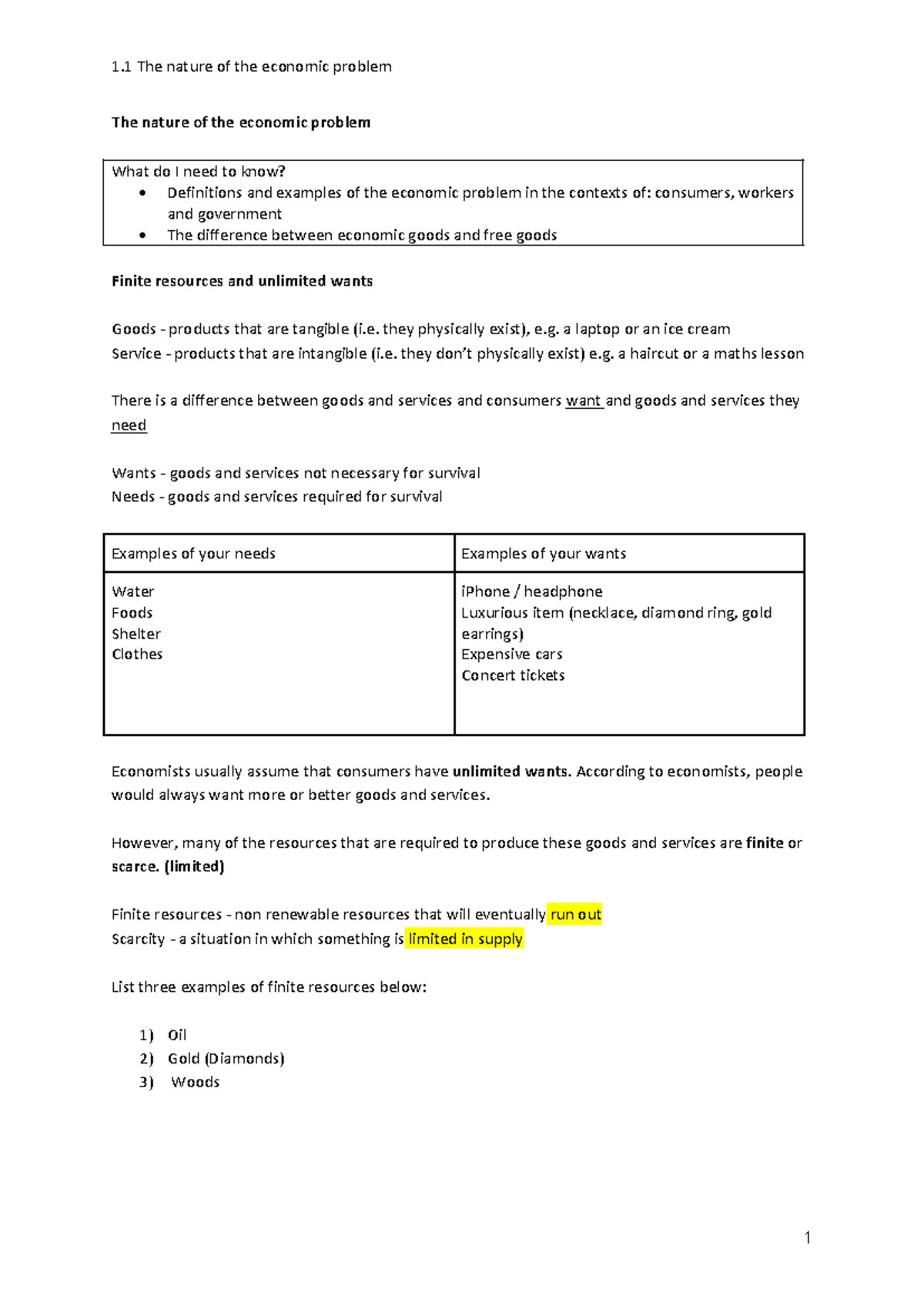 Y11 FIN Notes 3 20230225 - 1 The nature of the economic problem 1 The ...
