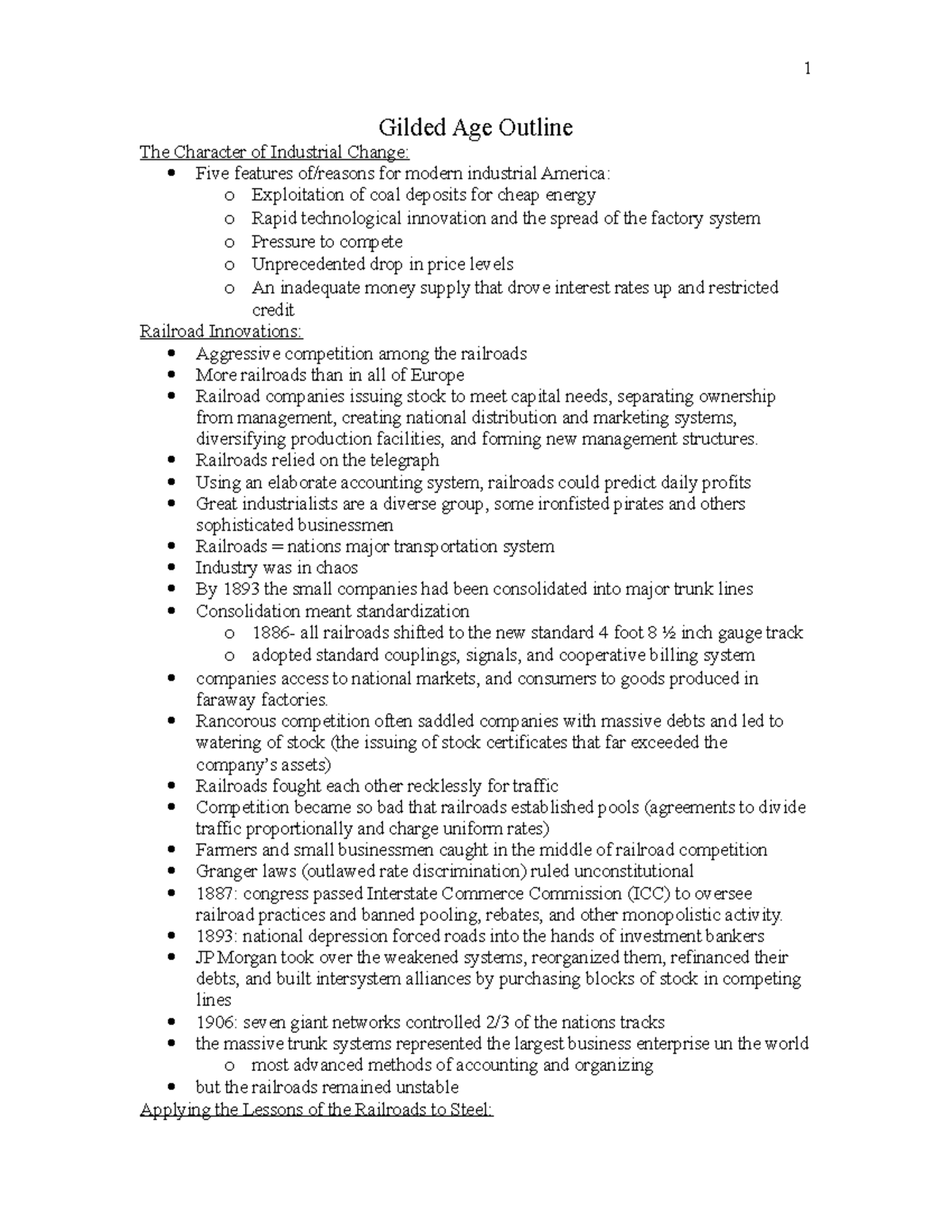 Gilded Age Outline - Lecture notes N/A - Gilded Age Outline The ...
