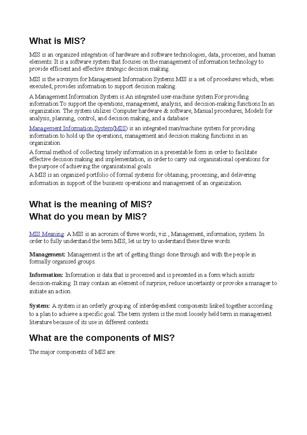 MIS Unit-1 - notes and question answers - What is MIS? MIS is an ...