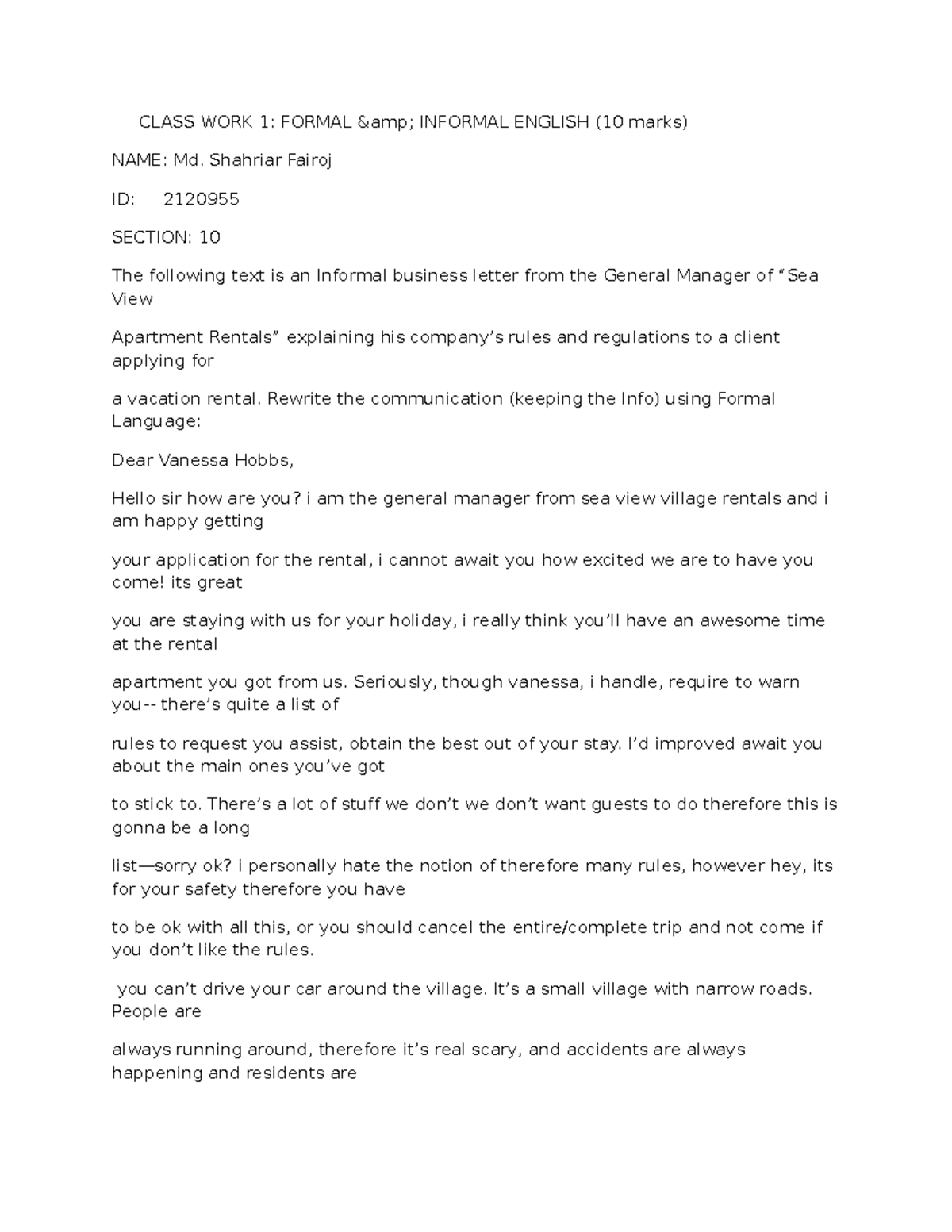 Class WORK 1 Eng 105 - gngng - CLASS WORK 1: FORMAL & INFORMAL ENGLISH ...