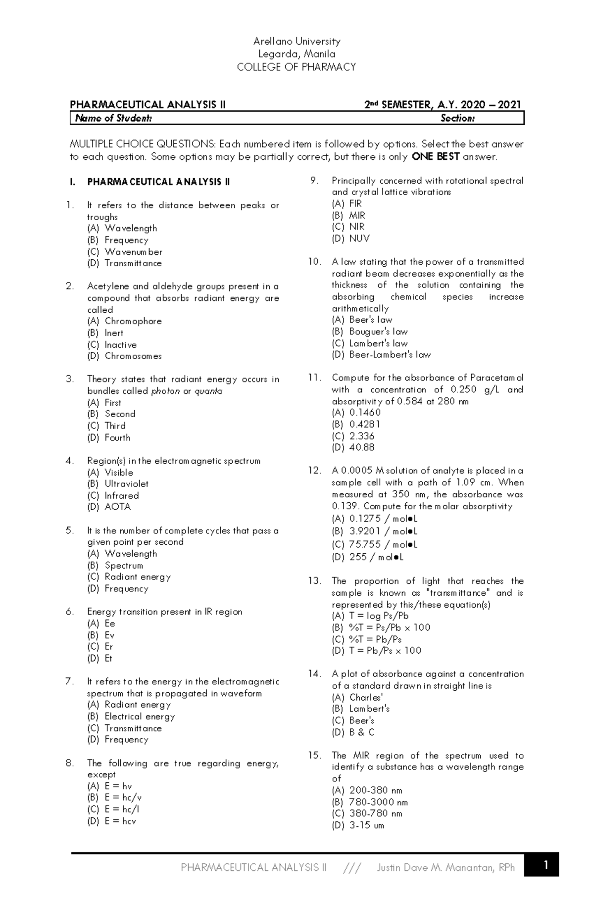 1 Pharmaceutical Analysis 2 Comprehensive Reviewer - Arellano ...