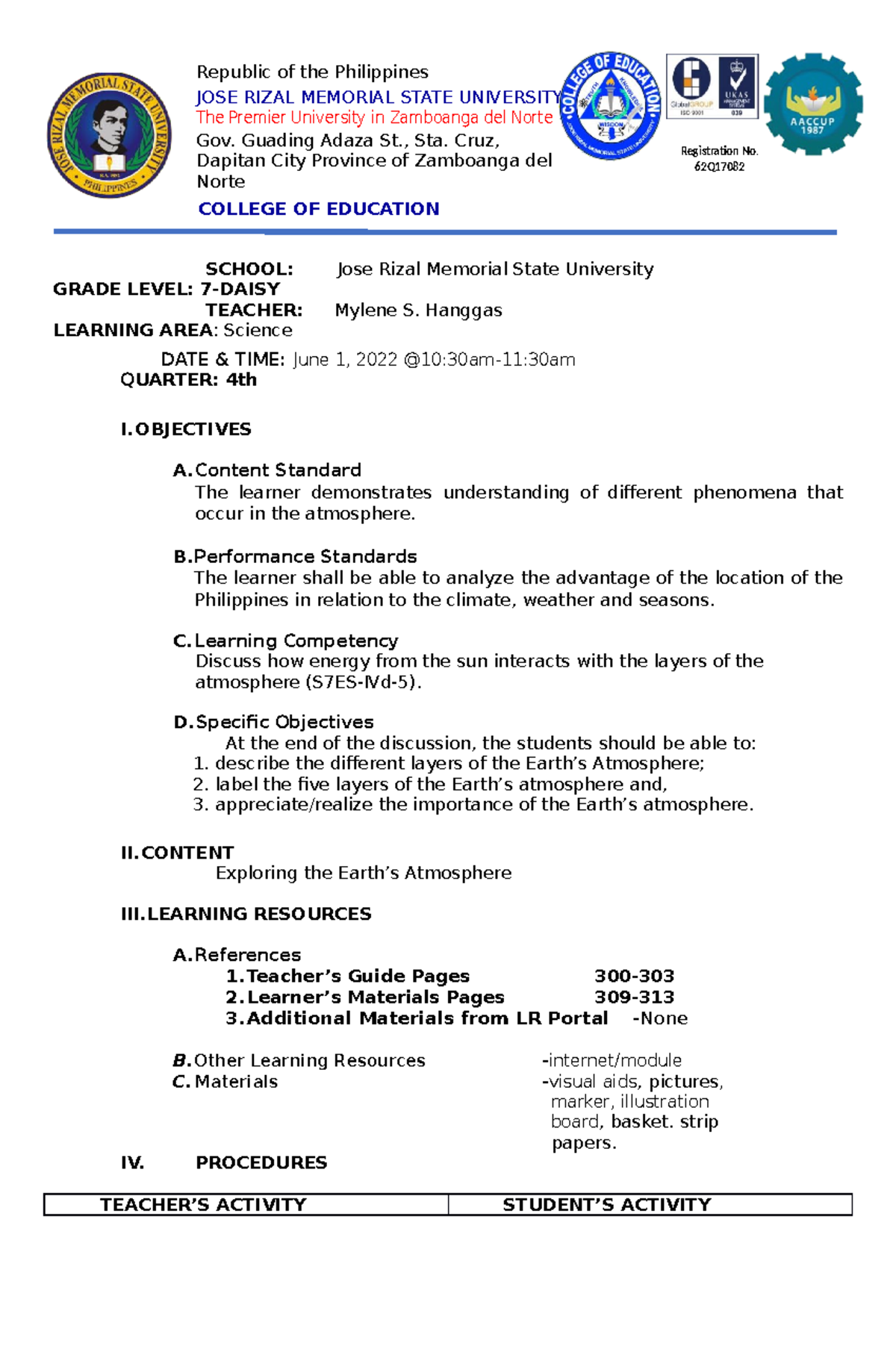 Layer OF THE Earth Atmosphere Final Lesson PLAN G7 Science Final DEMO ...