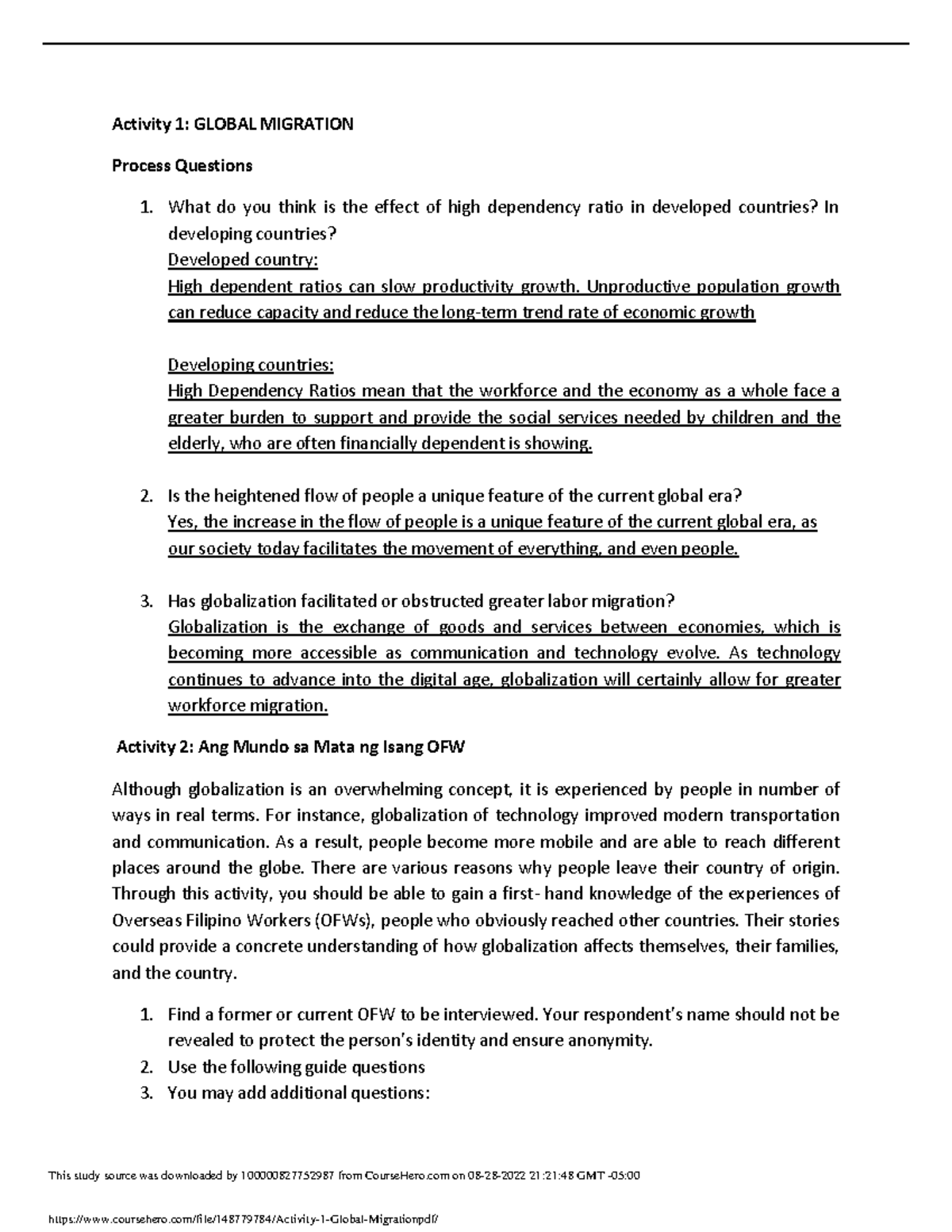 Activity 1 Global Migration - Activity 1: GLOBAL MIGRATION Process ...