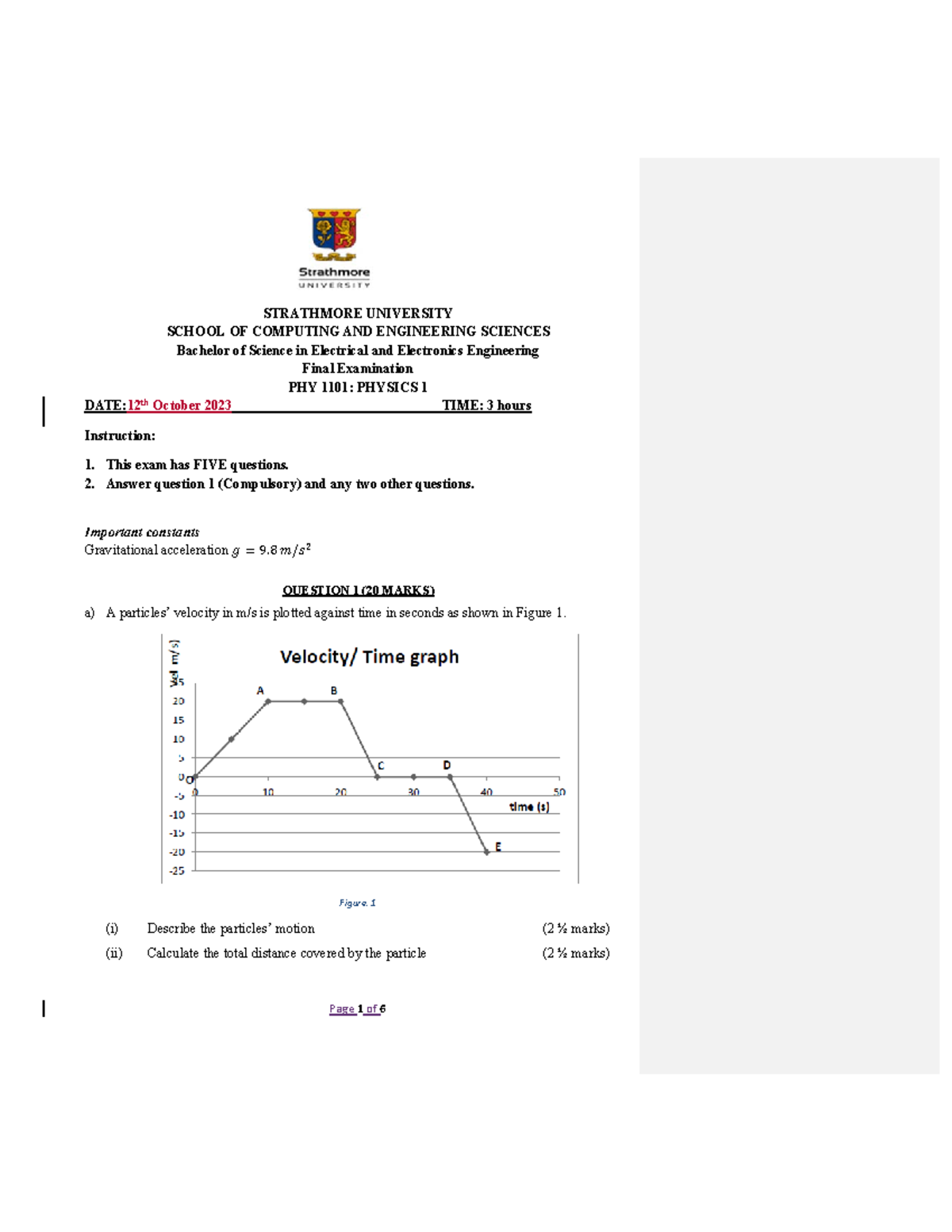 PHY 1101 - Physics 1 - October 2023 - STRATHMORE UNIVERSITY SCHOOL OF COMPUTING AND ENGINEERING ...