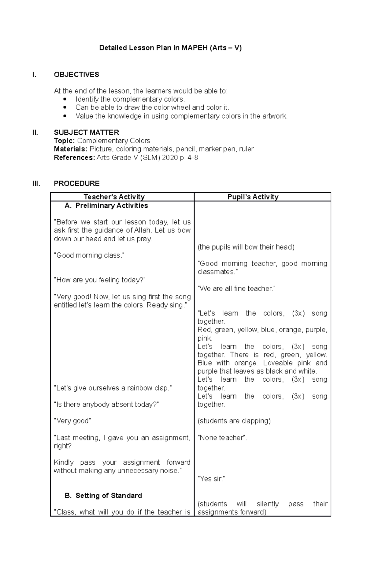 LP ARTS Final - lesson plan in Music and Arts - Detailed Lesson Plan in ...