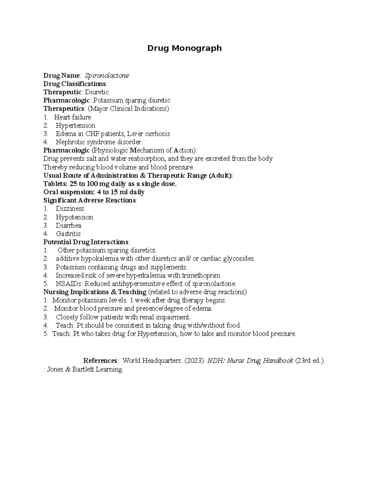 Drug Monograph #3 - Drug Monograph Drug Name: Spironolactone Drug ...