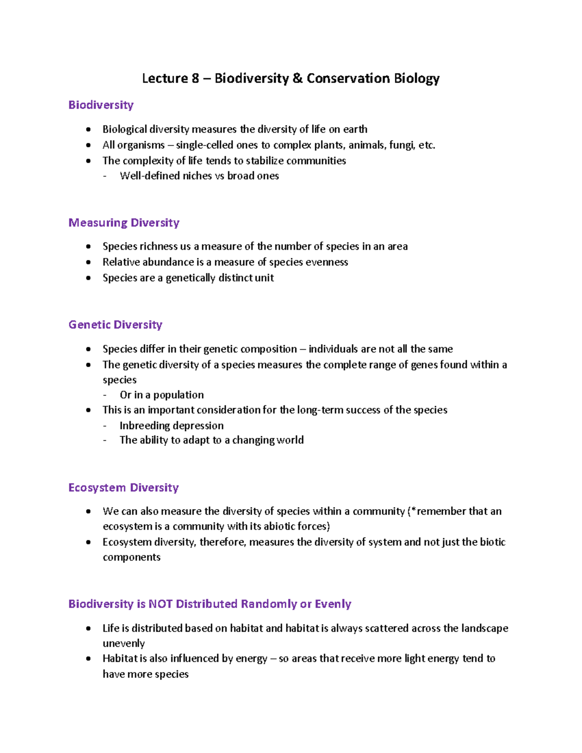 Lecture 8 – Biodiversity & Conservation Biology - ENS 112 - Studocu