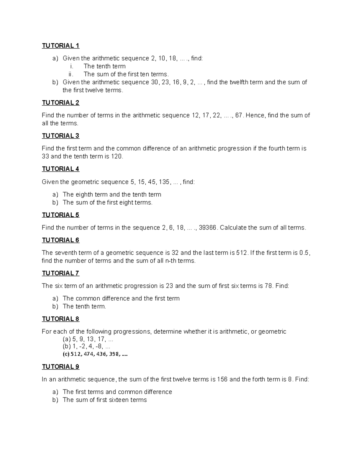 Sequence Tutorial Tutorial 1 A Given The Arithmetic Sequence 2 10 18 Find I The