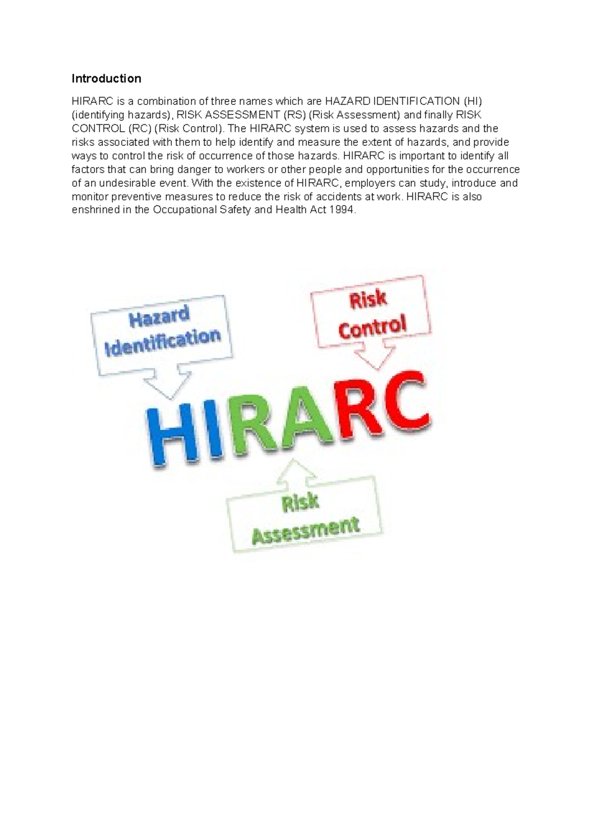 CASE Study 1 - NOTE - Introduction HIRARC is a combination of three ...