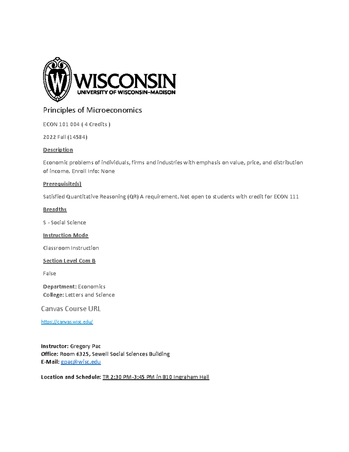 Econ 101 004 Syllabus F2022 - Principles of Microeconomics ECON 101 004 ...