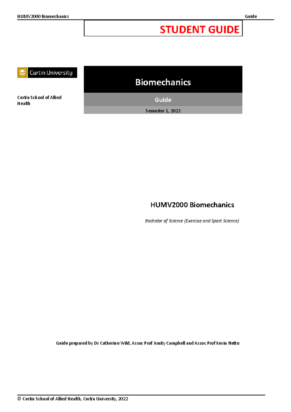 HUMV 2000 Biomechanics Unit Students Guide 2022 final - STUDENT GUIDE ...